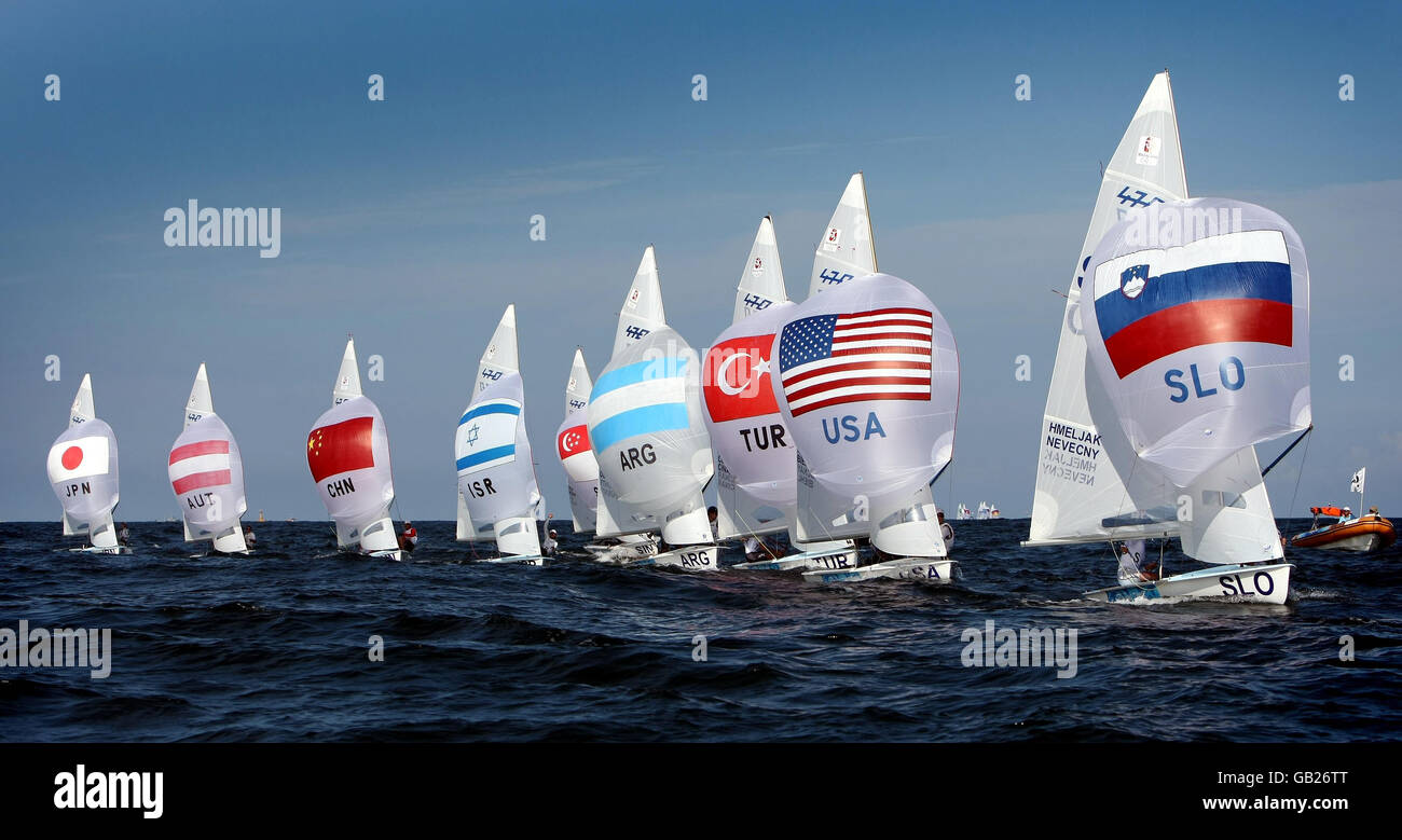 470's in line astern approaching the leeward mark during the opening ...