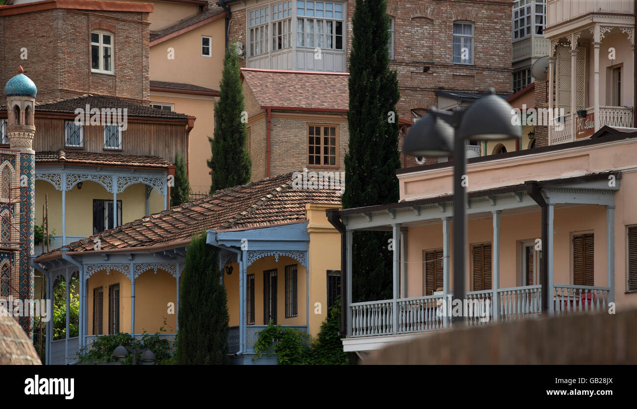 Traditional wooden carving balconies of Old Town of Tbilisi, Georgia ...
