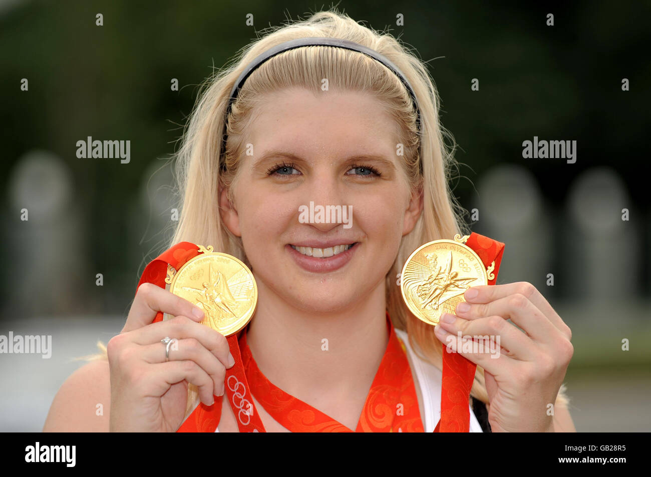 Great Britains Rebecca Adlington Shows Off The Two Gold Medals She Won