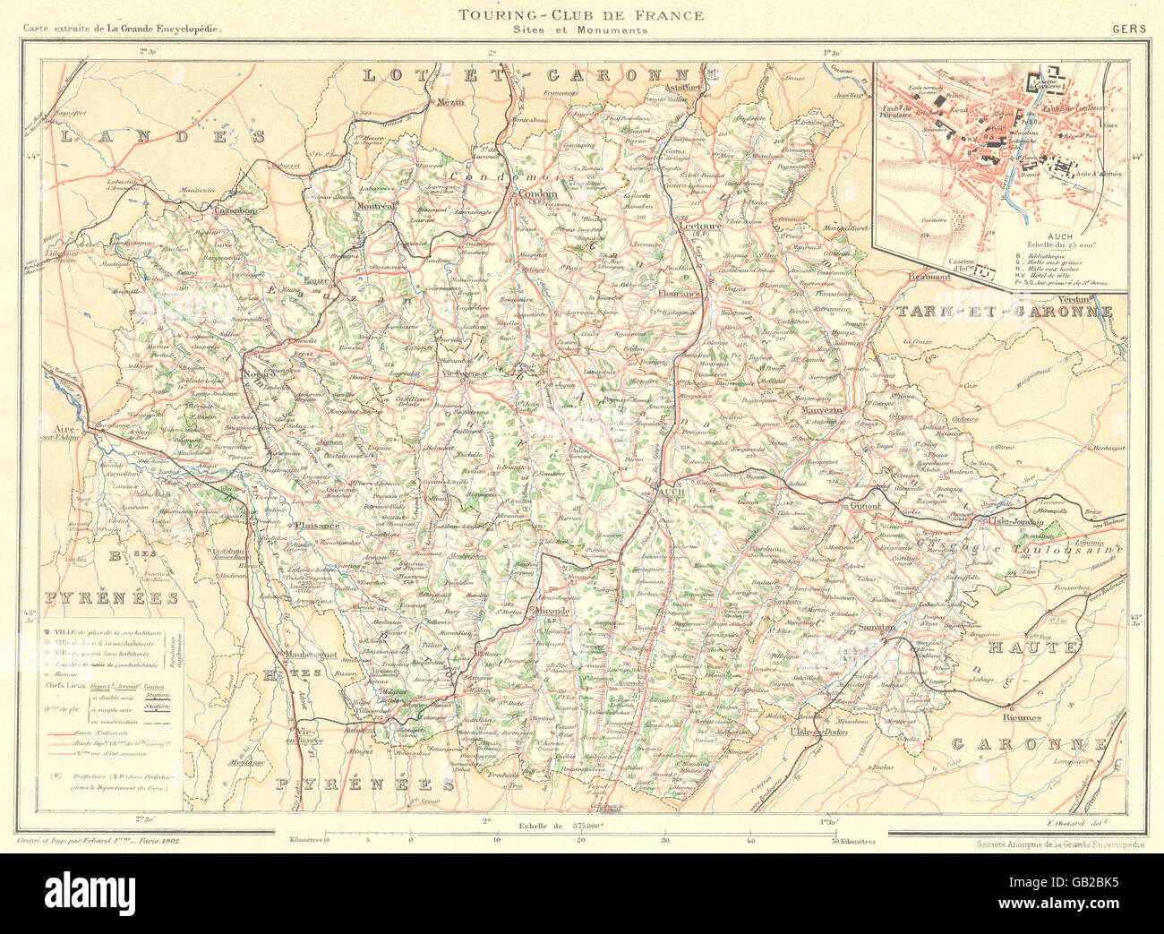 GERS: Département. Inset city town map plan of Auch, 1903 Stock Photo ...