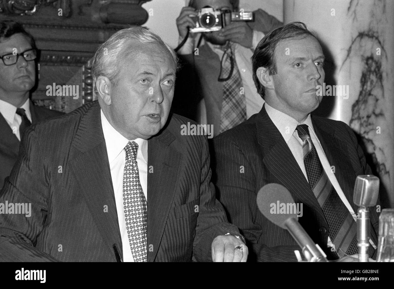 Harold Wilson and Industry Secretary Eric Varley at a press conference ...