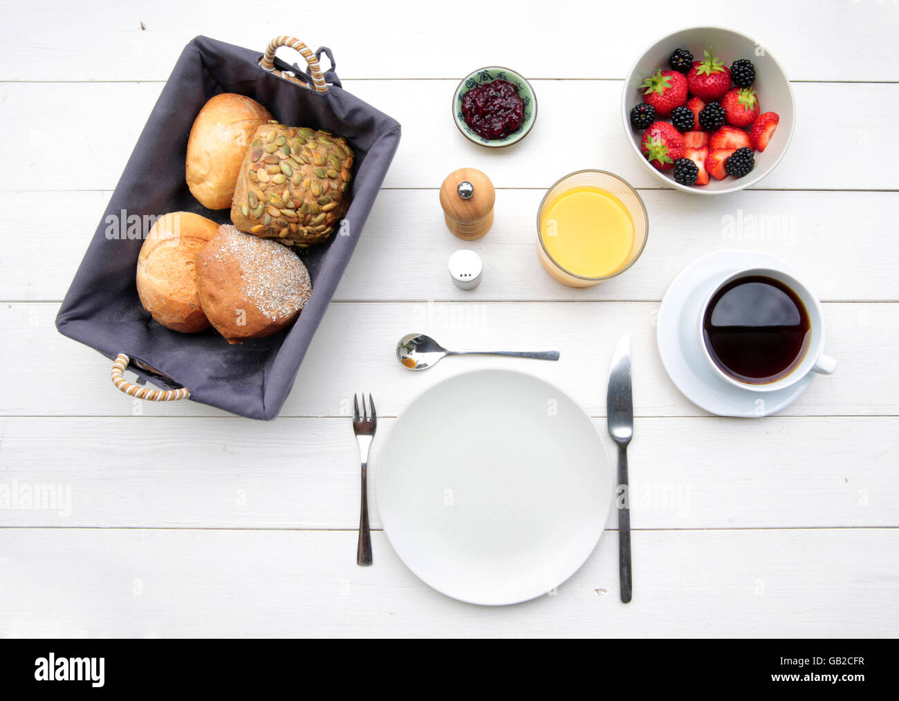 delicate breakfast at a white table with different ingredients Stock ...