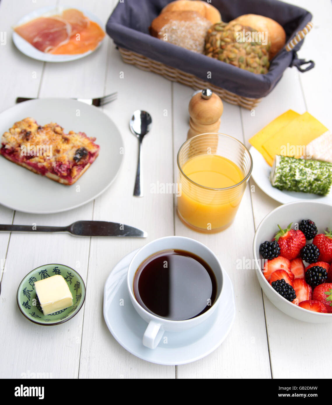 delicate breakfast at a white table with different ingredients Stock ...