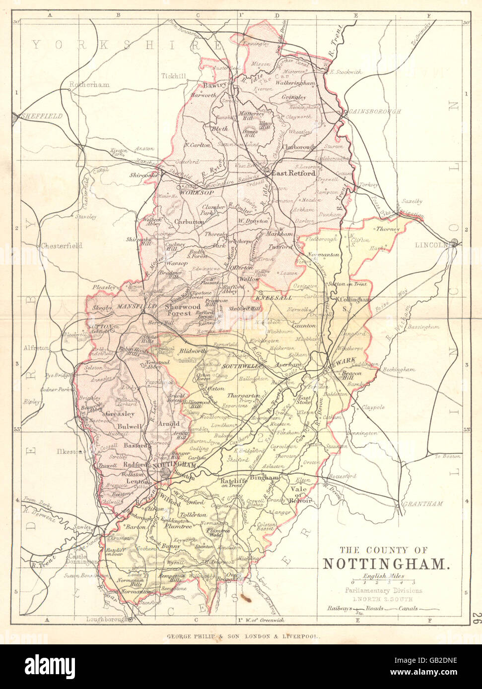 NOTTINGHAMSHIRE: Notts. Philip. Coloured. Small county map. , 1876 ...