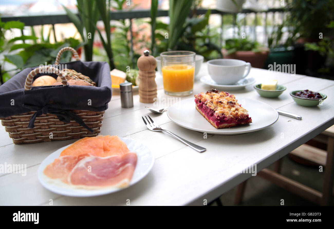 delicate breakfast at a white table with different ingredients Stock ...
