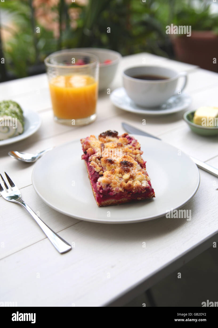 delicate breakfast at a white table with different ingredients Stock ...