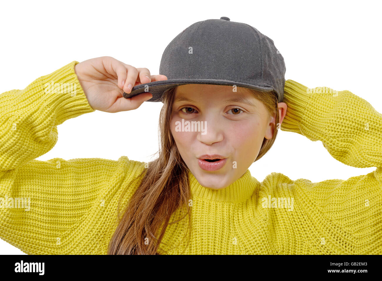 portrait of a young girl with a cap, on white Stock Photo - Alamy