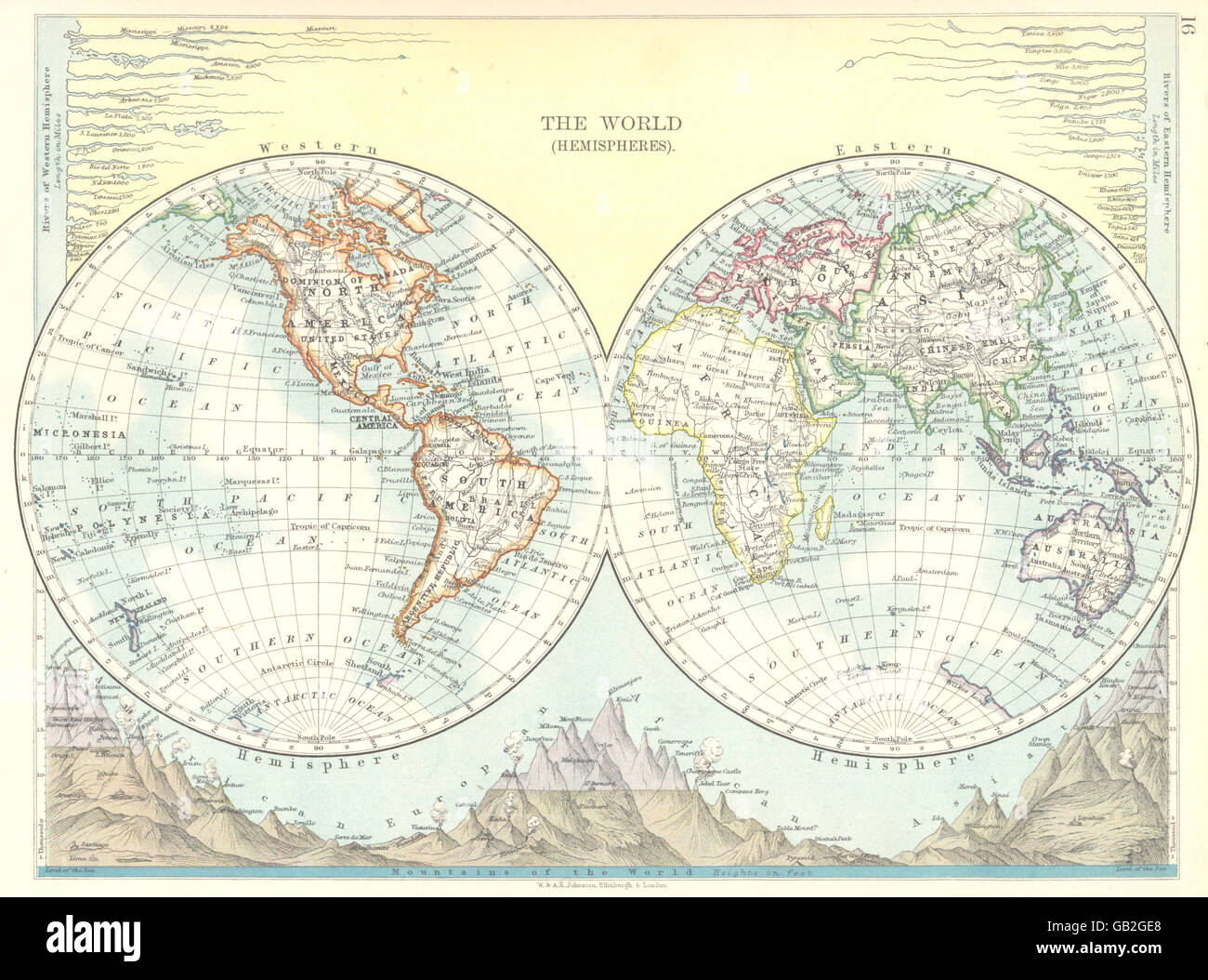 WORLD: The World (Hemispheres) Rivers Mountains, 1897 antique map Stock ...