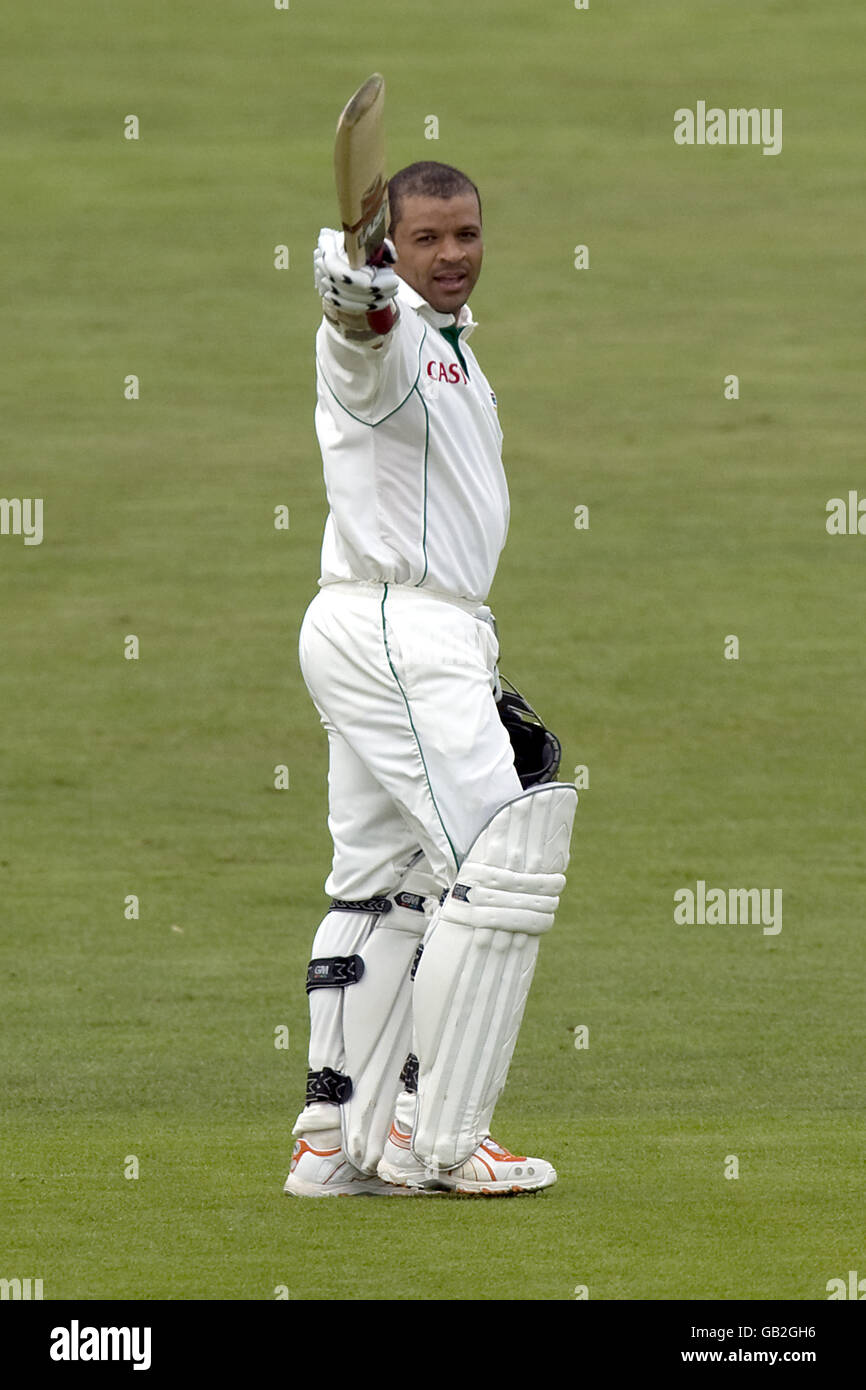 South Africa's Ashwell Prince salutes the crowd after reaching his ...