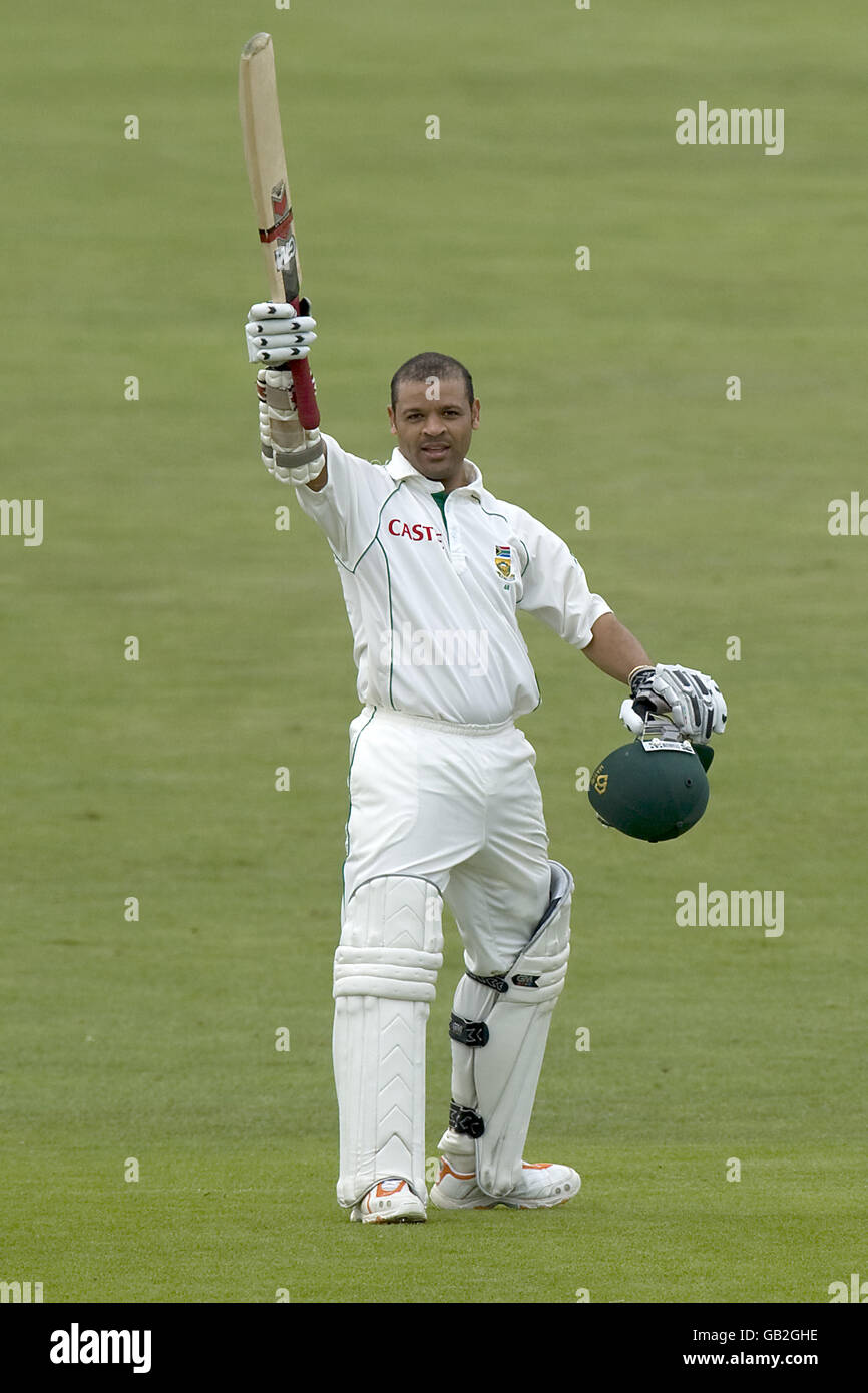 South Africa's Ashwell Prince salutes the crowd after reaching his ...