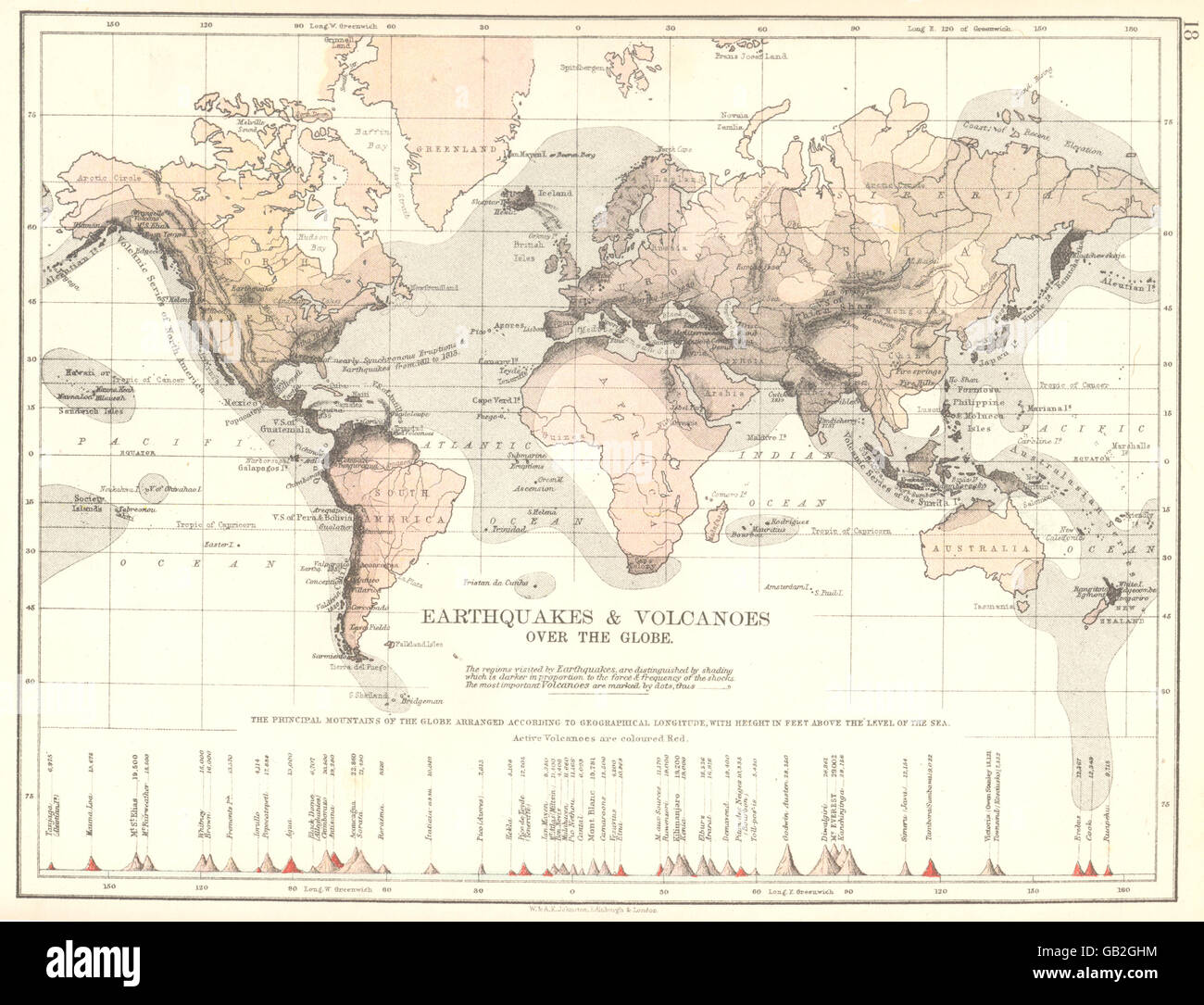 WORLD: Earthquakes & Volcanoes over the Globe, 1897 antique map Stock ...