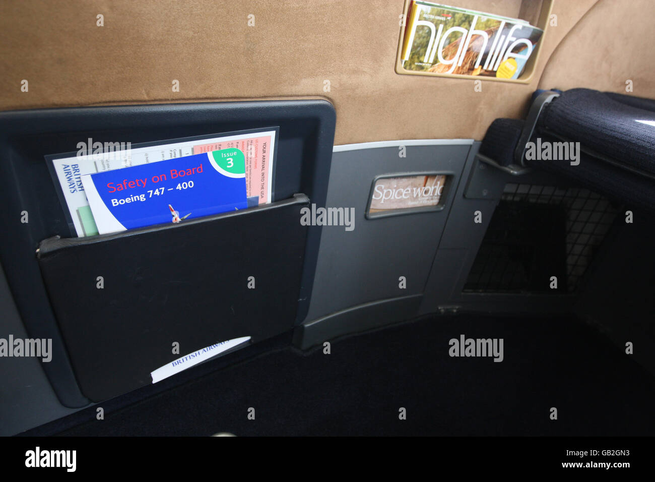 In flight safety cards and magazines in the First Class cabin on a ...