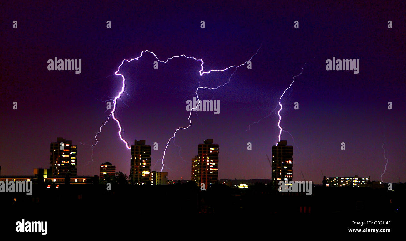 Lightning strikes over blocks of flats south London during a storm ...