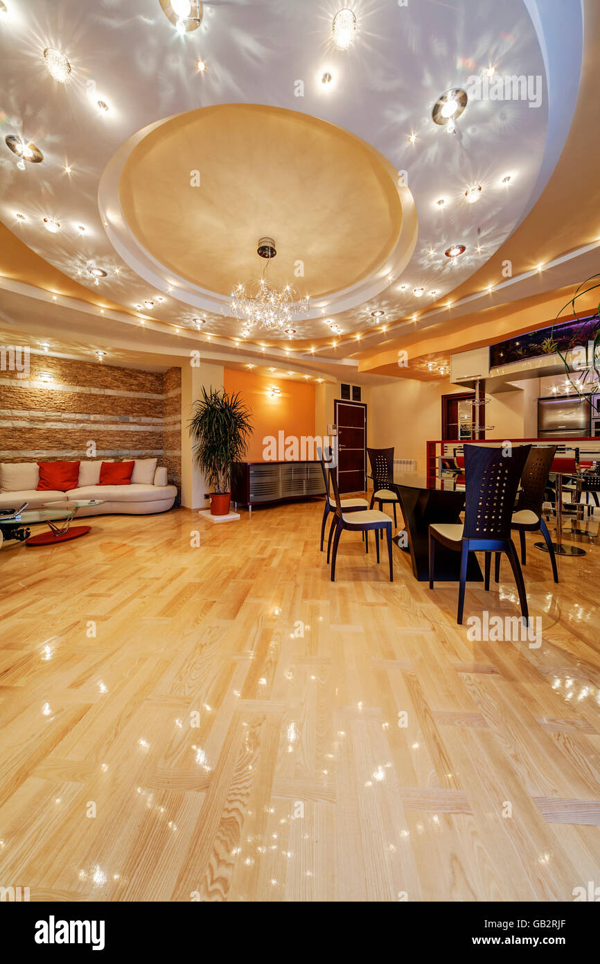 Beautiful modern open concept of living room with interior lights Stock ...