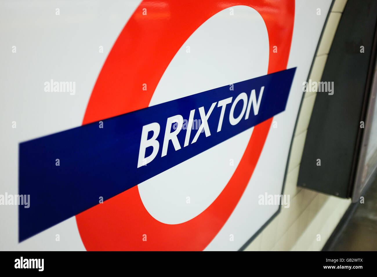 The platform sign for Brixton tube station in London, England Stock ...