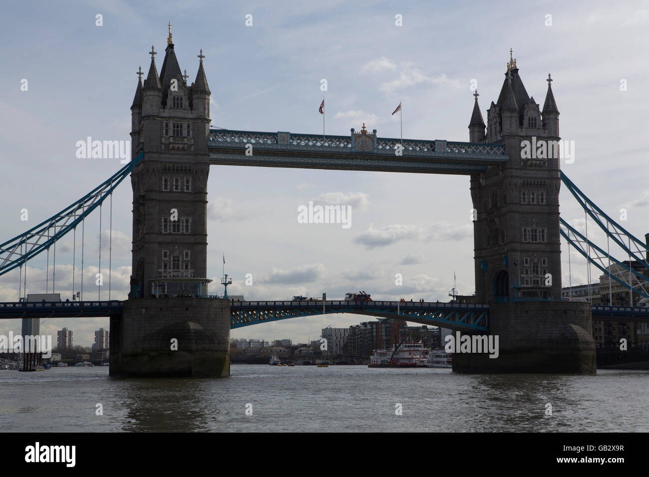 Tower Bridge in London, England. The Victorian bridge is seen in shade ...