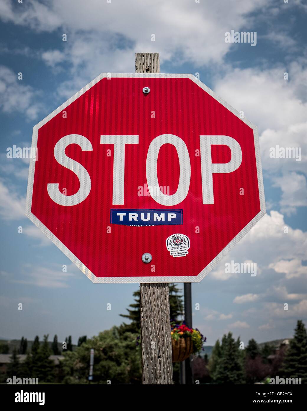 Traffic Stop sign with a Trump sticker reading "Stop Trump Stock Photo ...