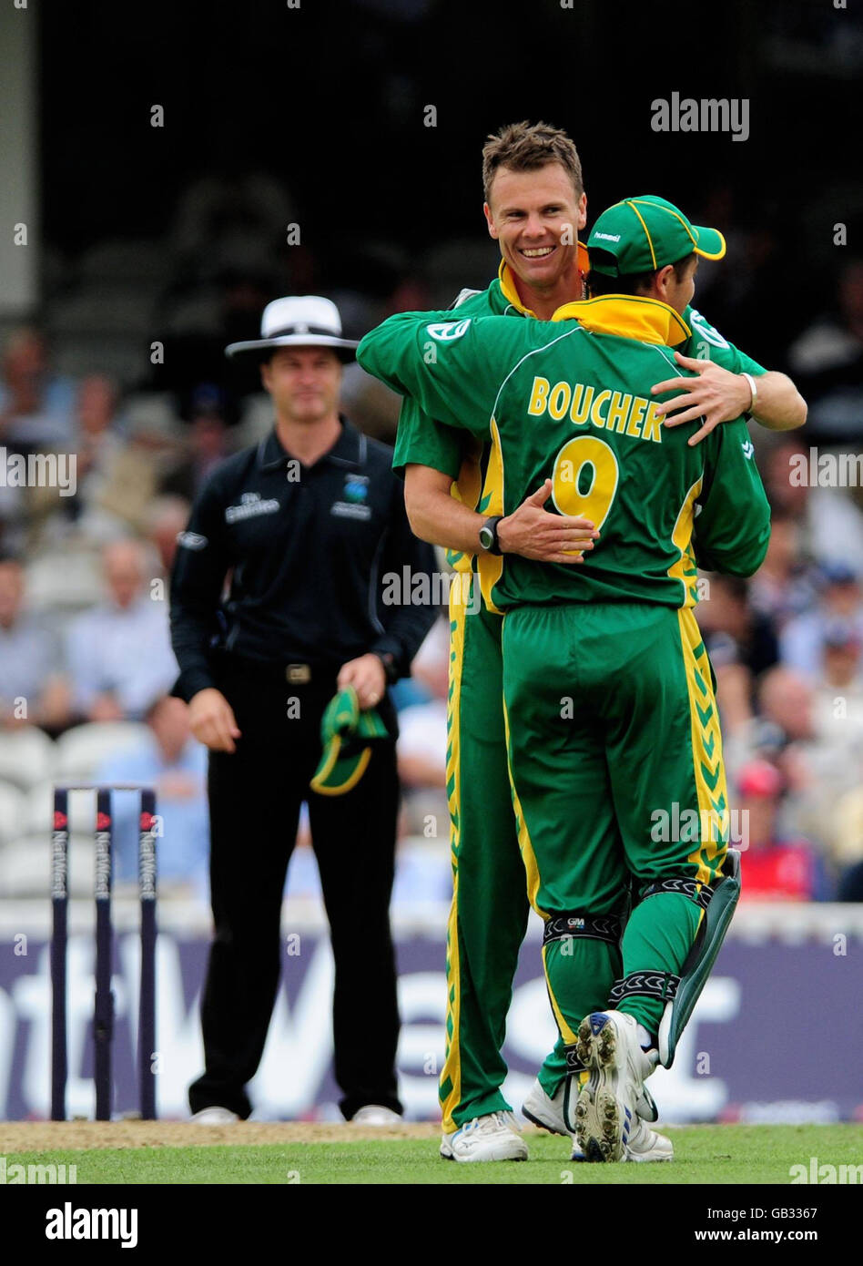 South Africa' Johan Botha celebrates the wicket of England's Ian Bell ...