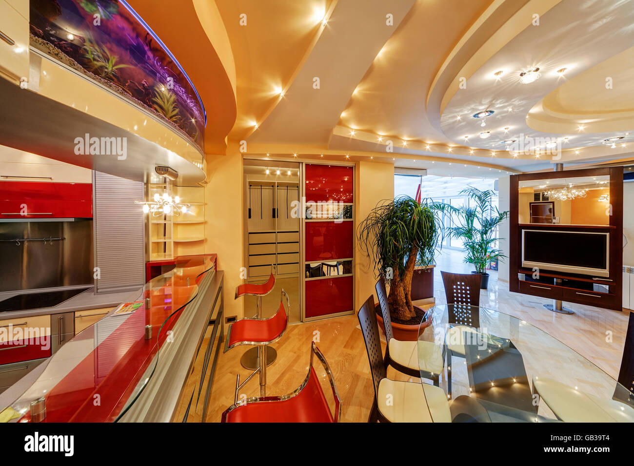 Beautiful modern open concept of living room with interior lights Stock ...