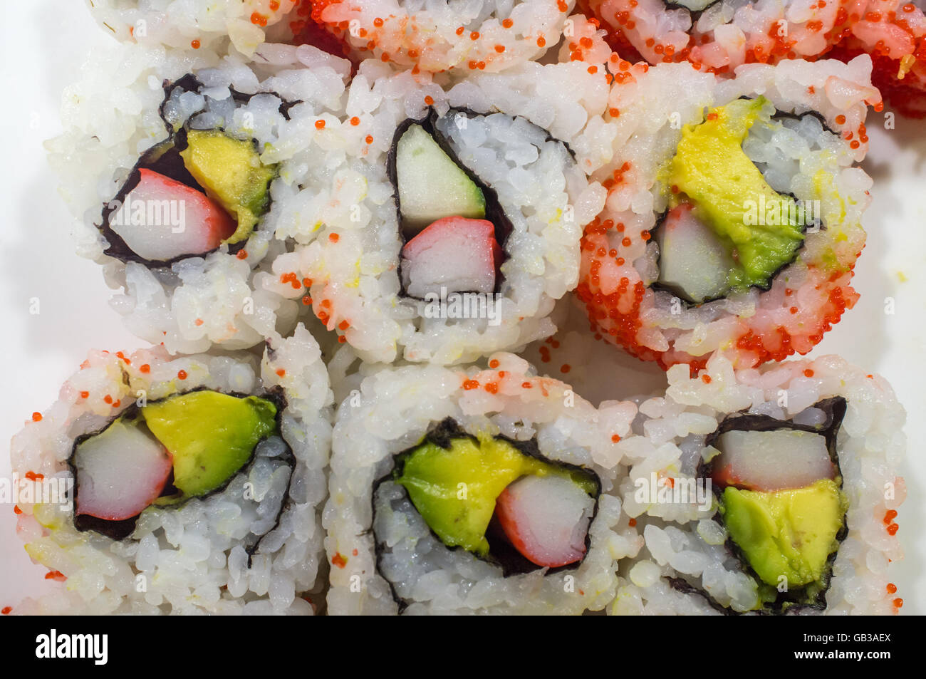 Top view of California roll sushi with red fish roe Stock Photo - Alamy