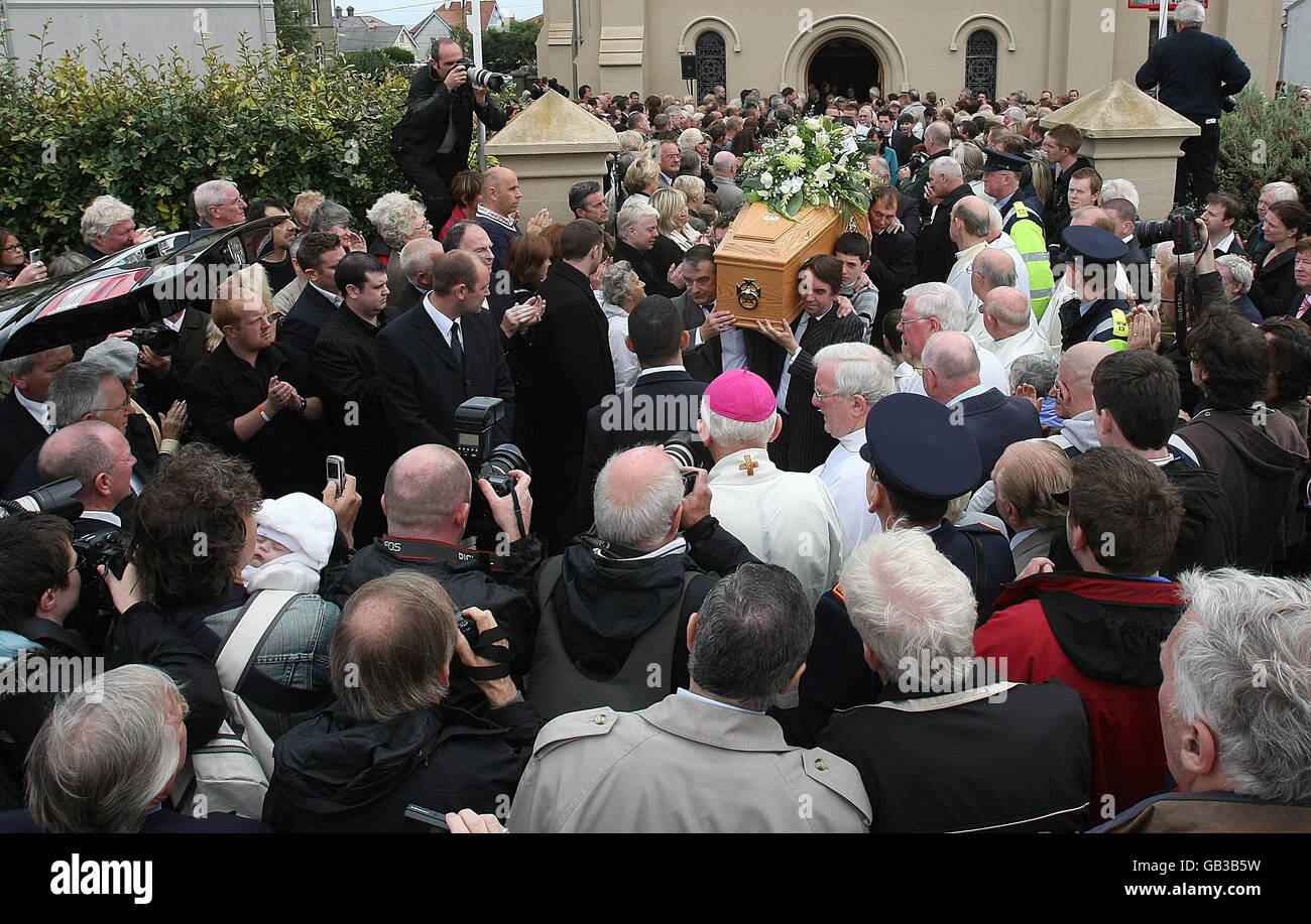 Irish folk singer Ronnie Drew's coffin at the Church of the Holy Rosary ...