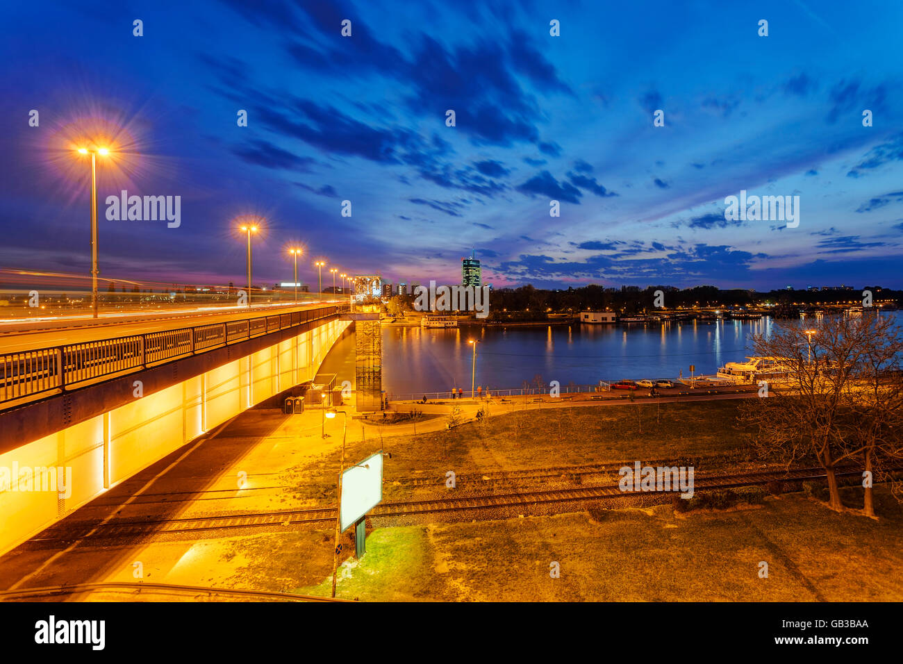 Panorama view on bridge over the river, who connecting two parts of the ...