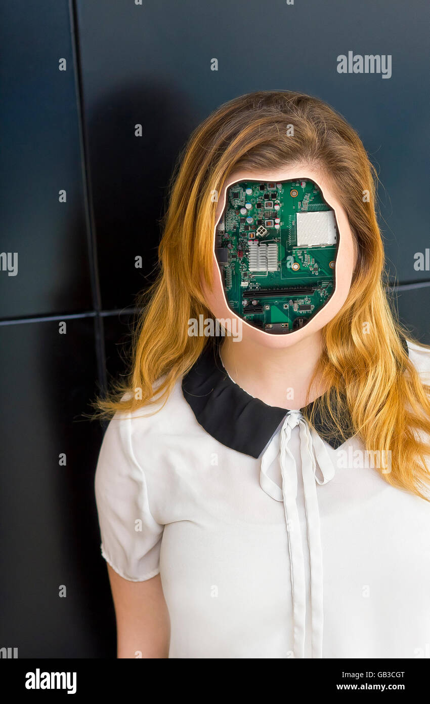 Human cyborg robot with anonymous circuit board face Stock Photo - Alamy