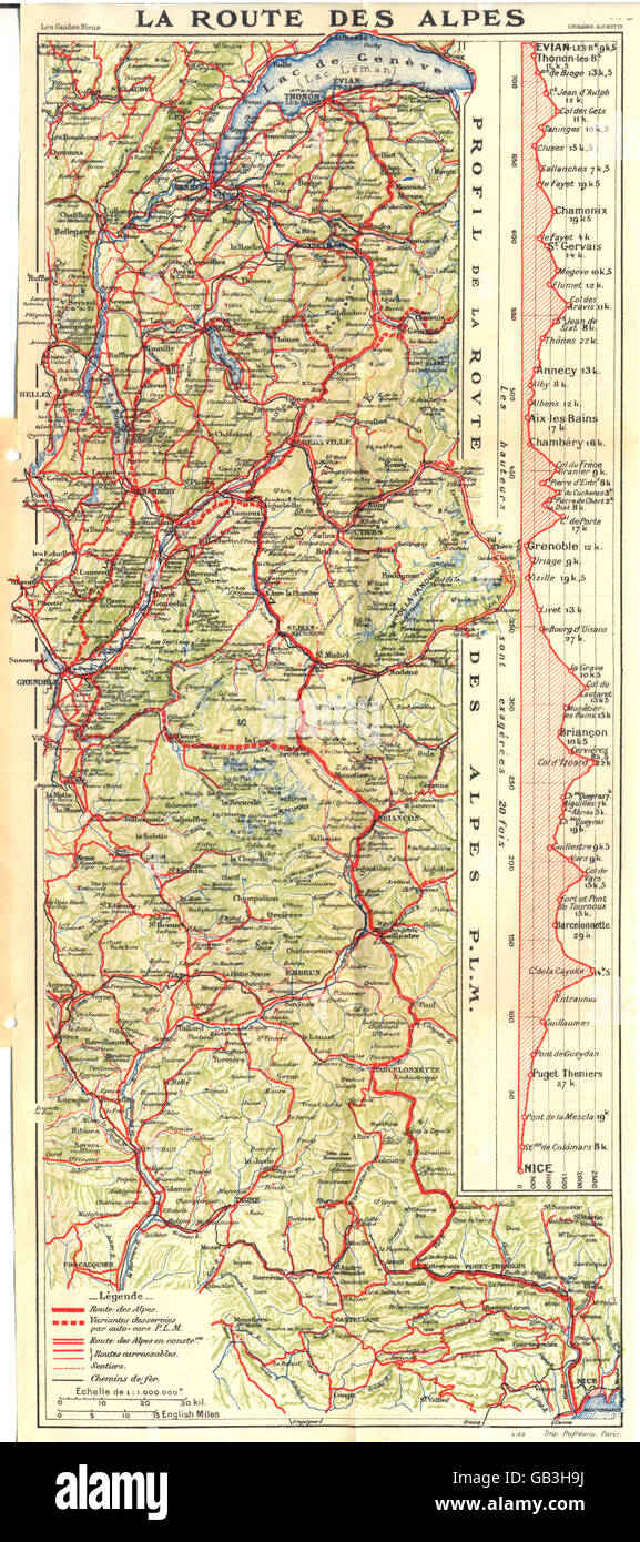 FRANCE: La Route Des Alpes, 1925 vintage map Stock Photo - Alamy