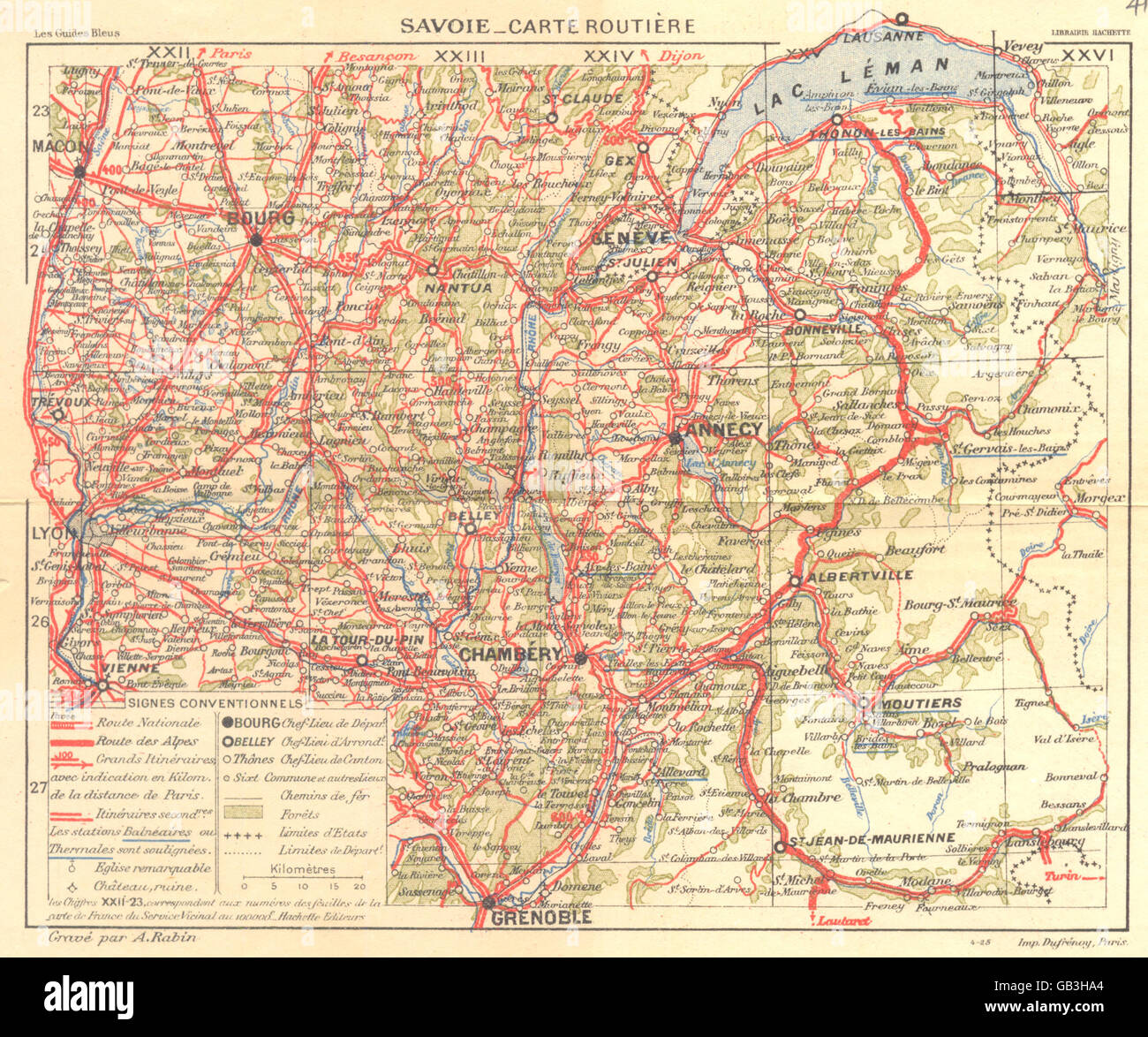 SAVOIE: Savoie- Carte Routière, 1925 vintage map Stock Photo - Alamy