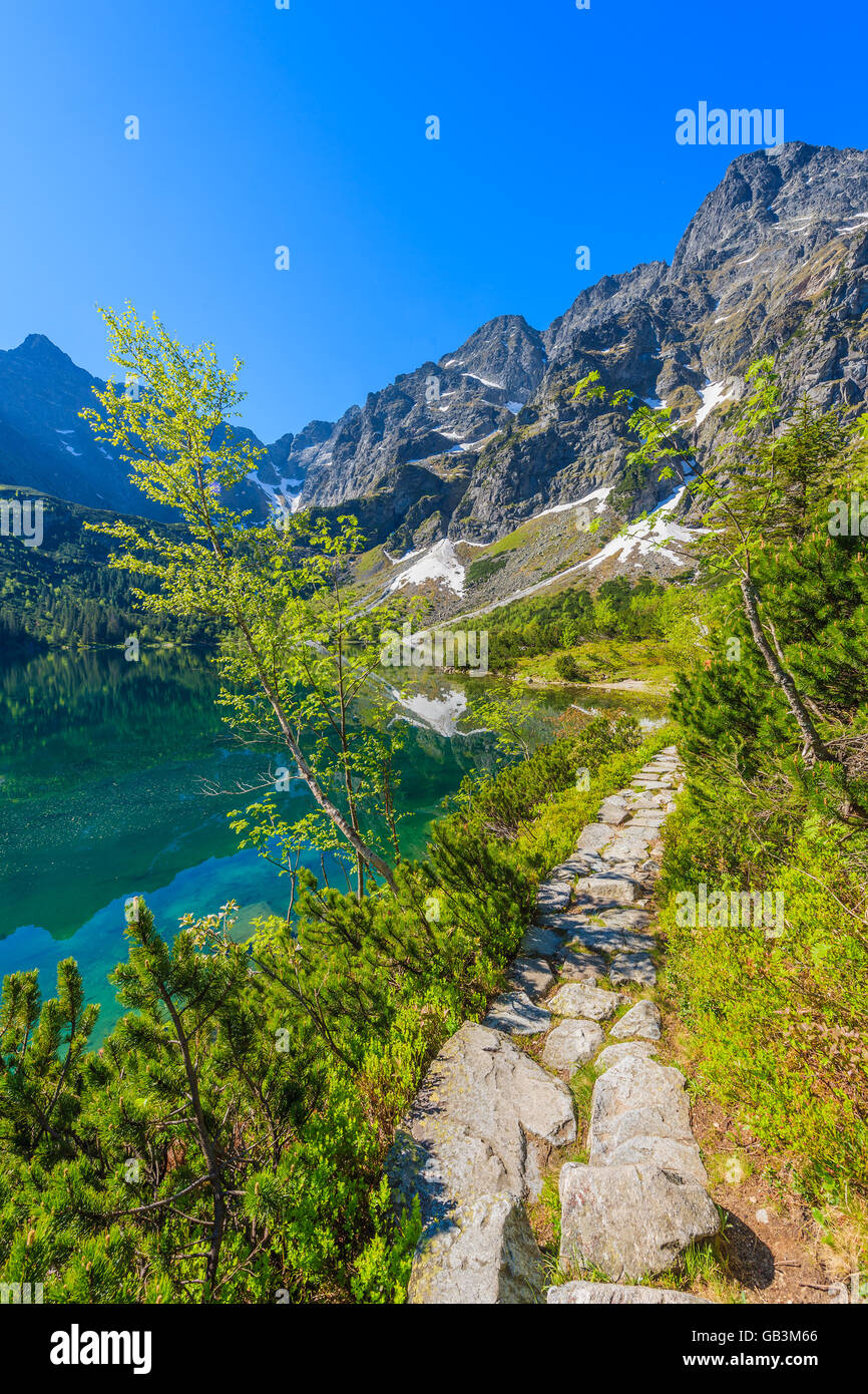 Path along beautiful green water Morskie Oko lake, Tatra Mountains ...