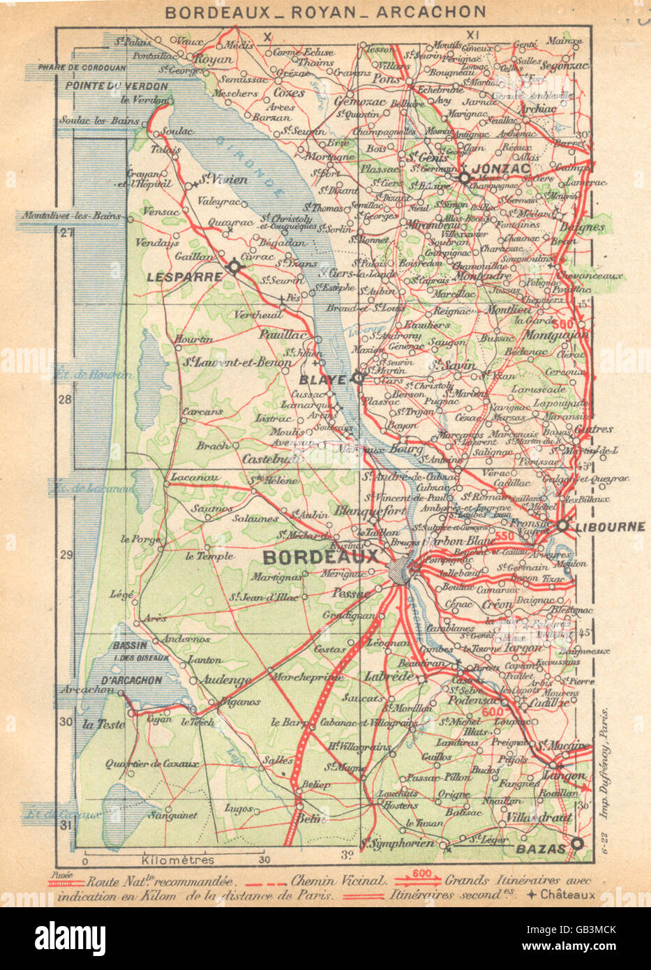 GIRONDE: Bordeaux- Royan- Arcachon, 1922 vintage map Stock Photo - Alamy
