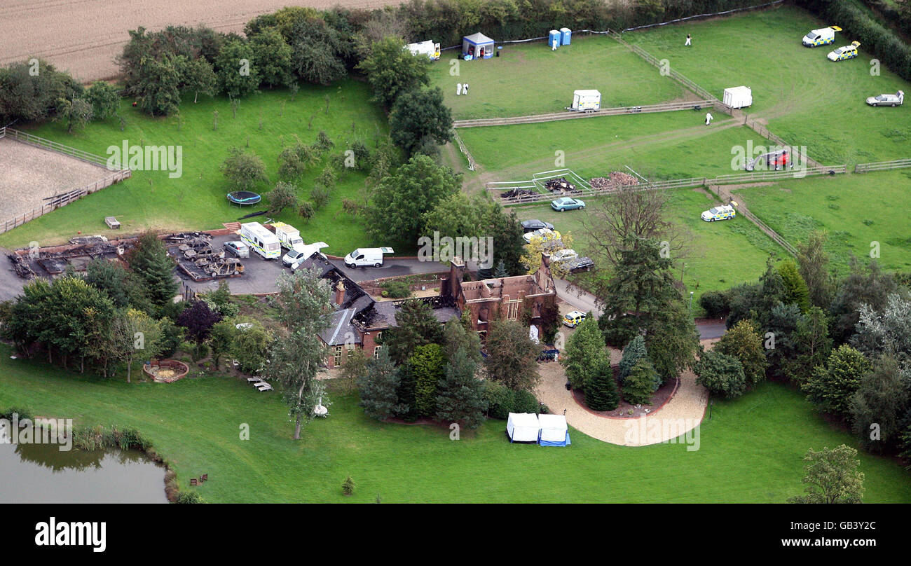 Aerial picture of the burnt-out, Osbaston House in Maesbrook ...