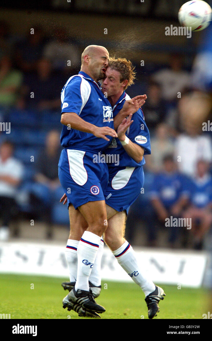 Chesterfield's Steve Blatherwick collides with teamate Alan O'Hare and ...