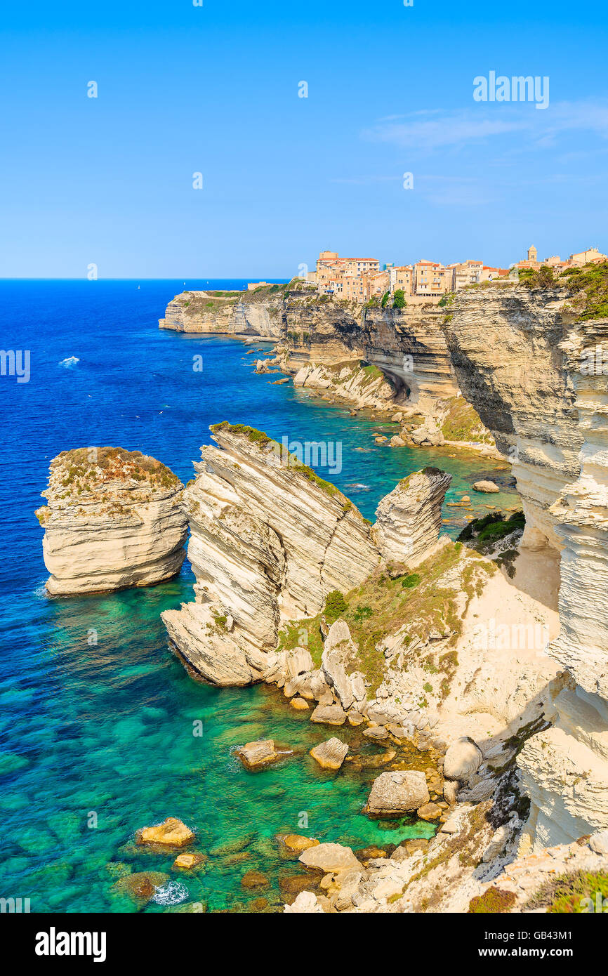 A view of Bonifacio old town built on high cliff above the sea, Corsica ...