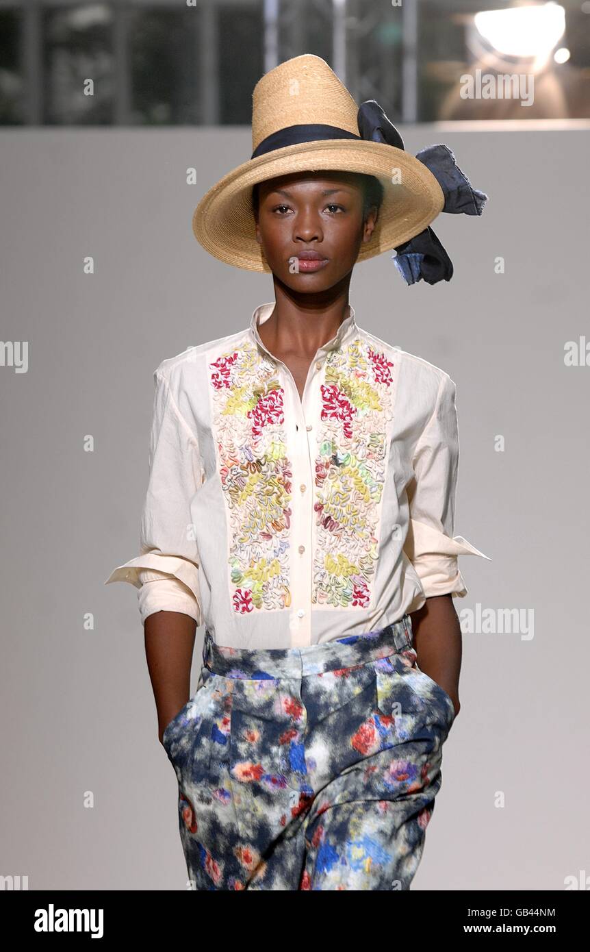 A model wears a creation by designer Nicole Farhi, during London Fasion ...