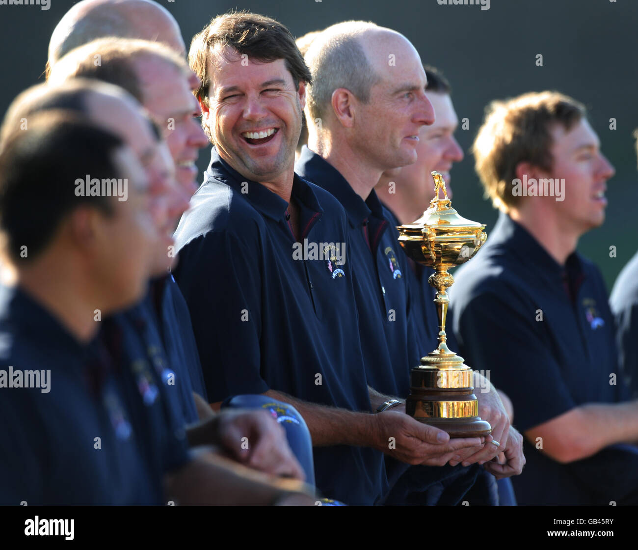 American Captain Paul Azinger holds the Ryder Cup during USA team ...