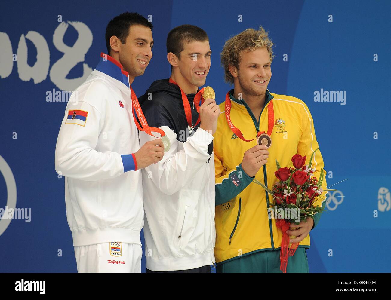 l-r; Silver Medalist Serbia's Milorad Cavic, Gold Medalist USA's ...