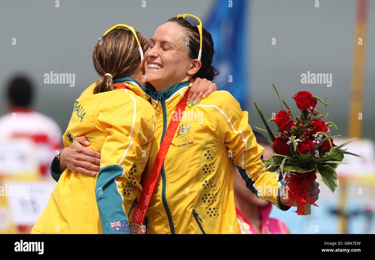 Australia's Emma Moffatt (r) and team mate Emma Snowsill celebrate ...