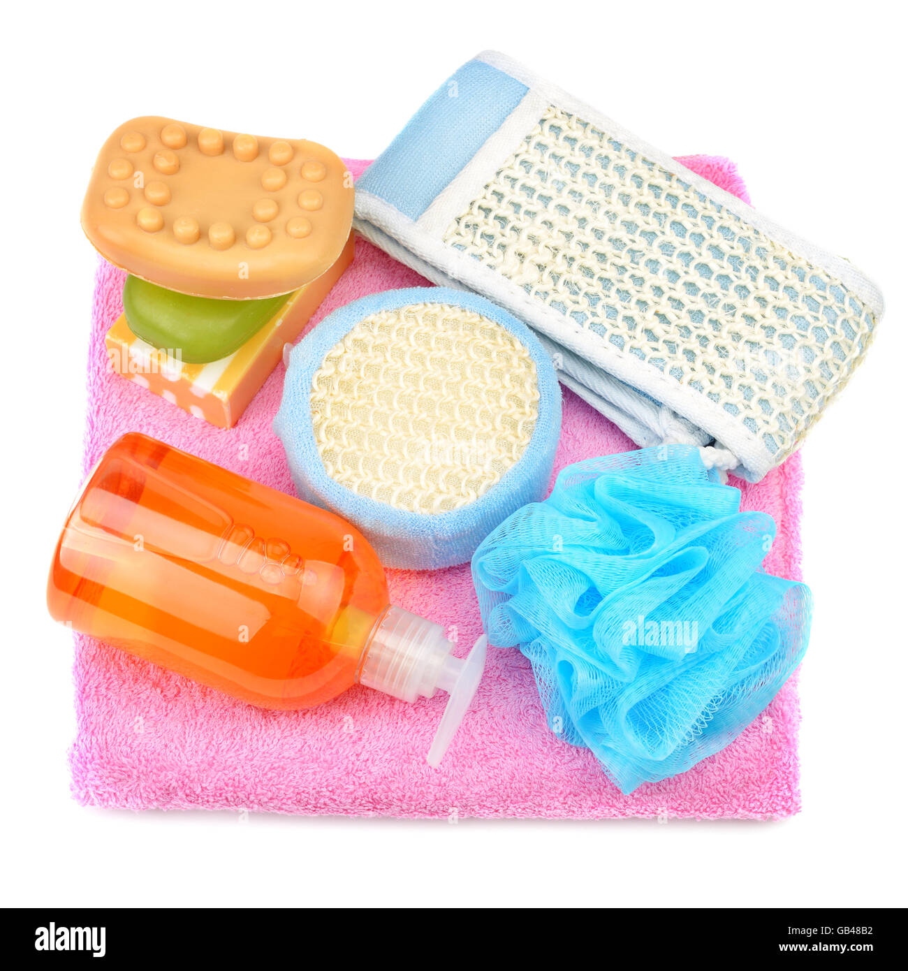 Towel, soap, shampoo, sponge isolated on white Stock Photo - Alamy