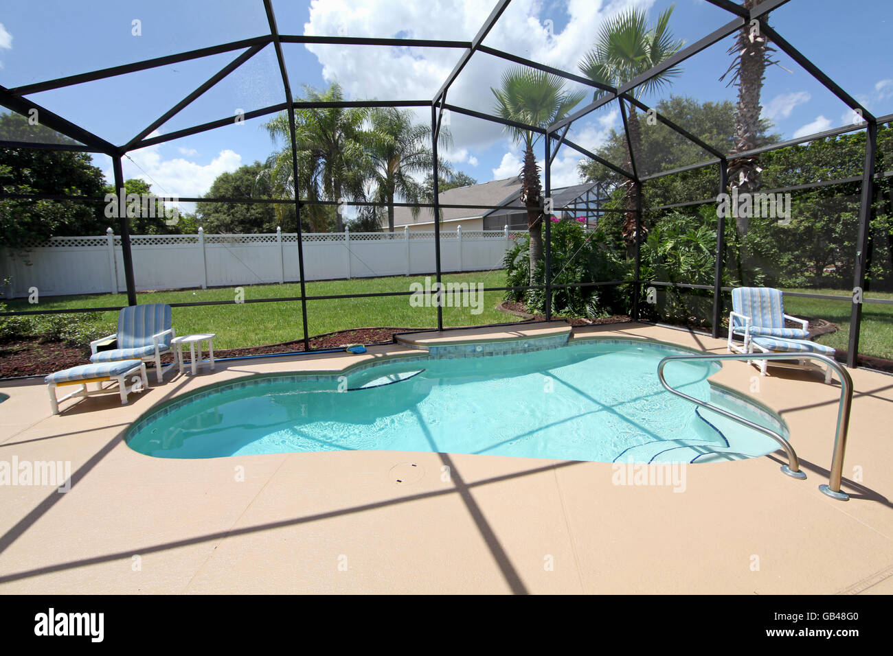 A swimming pool and deck with screen Stock Photo - Alamy