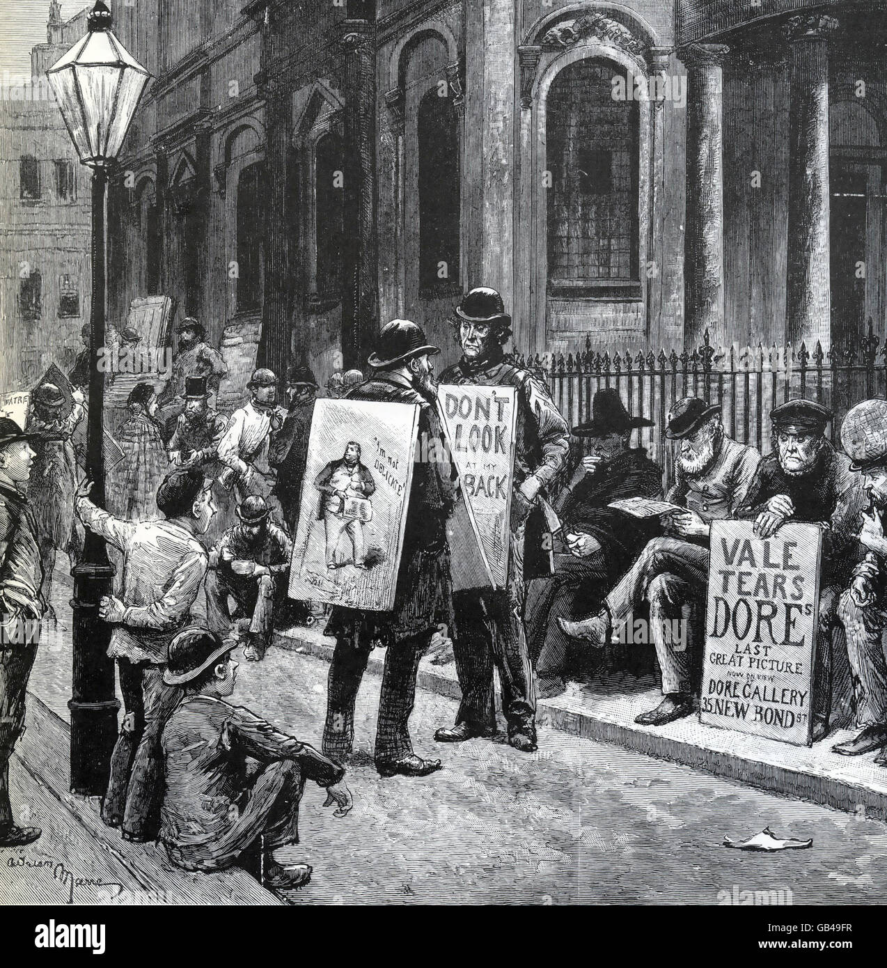 SANDWICH BOARD ADVERTISING about 1890. The seated man at right is ...