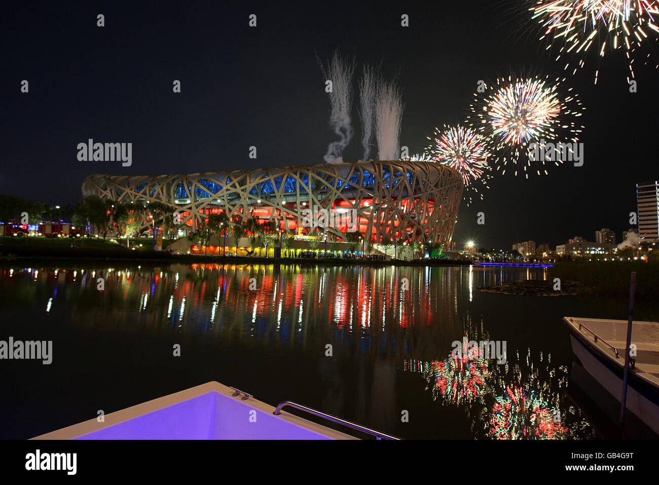 A fireworks display over the National Stadium during a rehearsal for ...