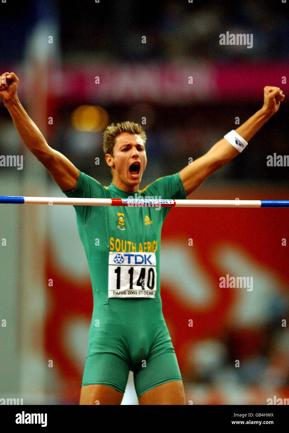 South Africa's Jacques Freitag celebrates winning gold in the High Jump ...