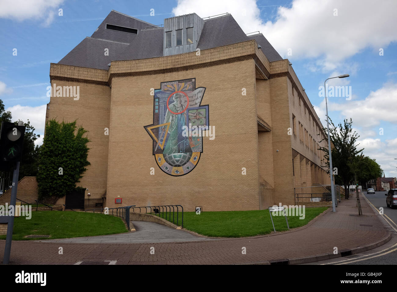 Mural on the end of Cardiff Magistrates court. July 2016 Stock Photo ...