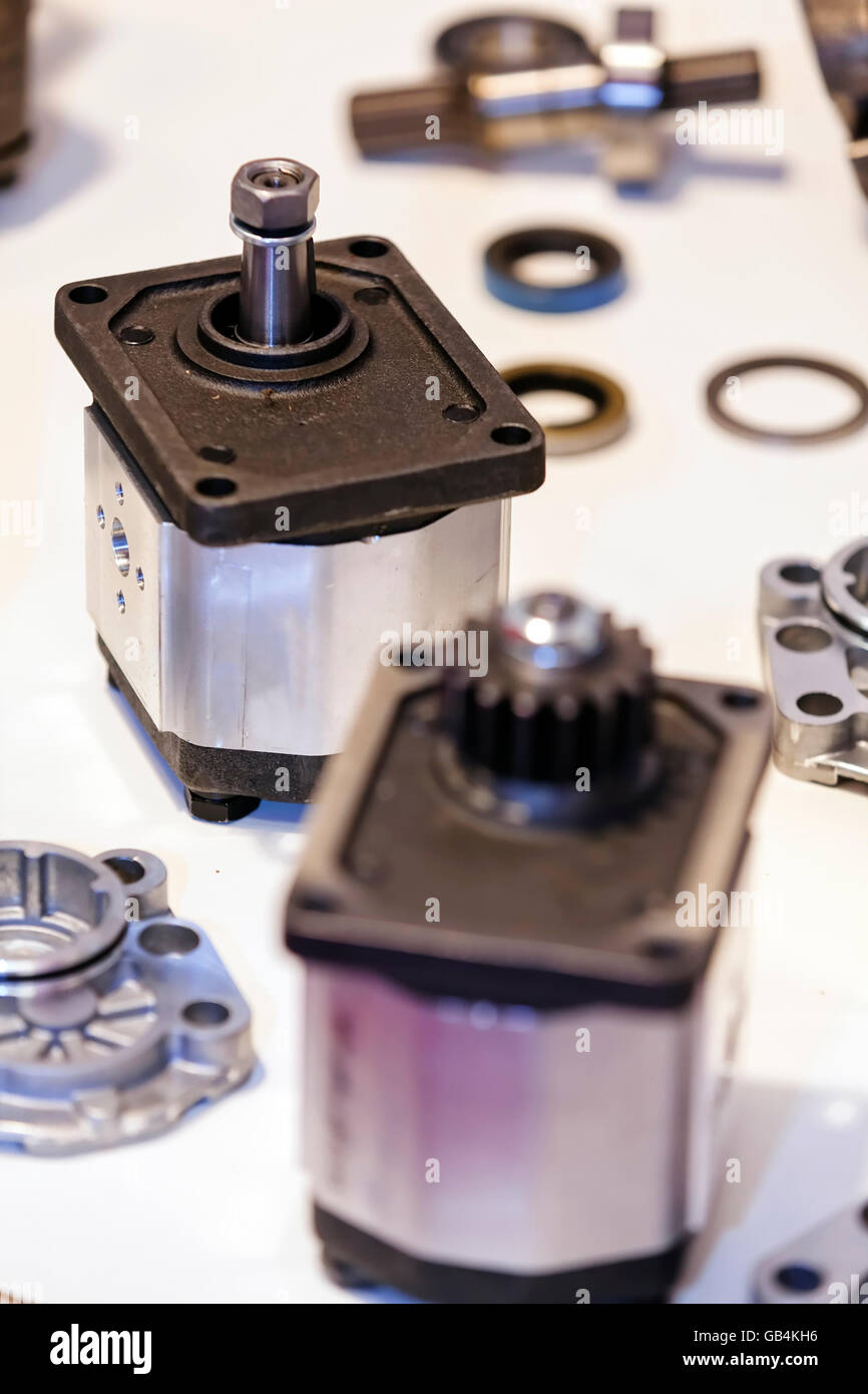 Closeup new design of parts for machine on exhibition show; note ...