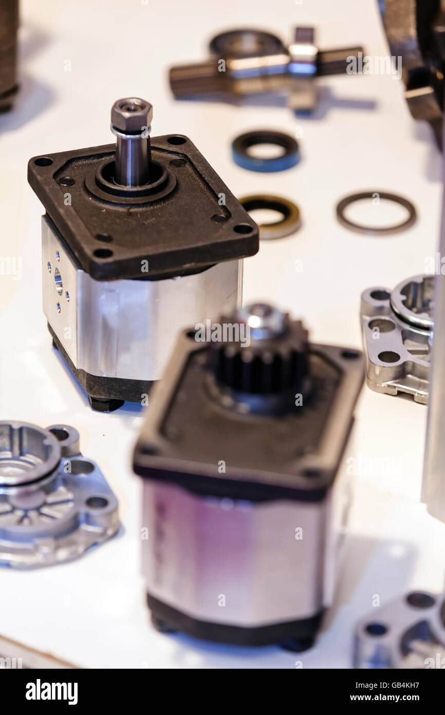 Closeup new design of parts for machine on exhibition show; note ...