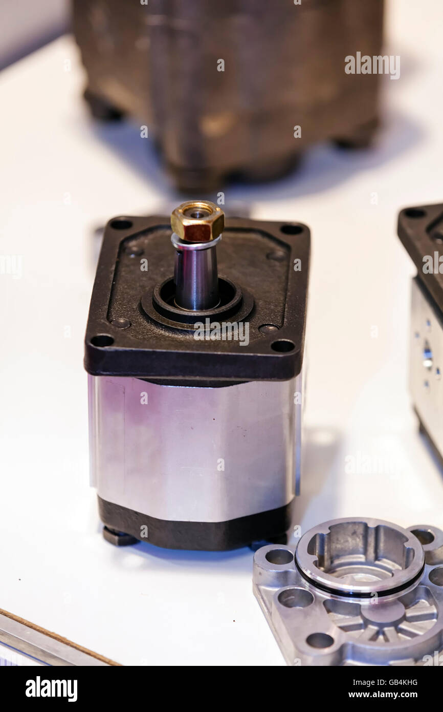 Closeup new design of parts for machine on exhibition show; note ...