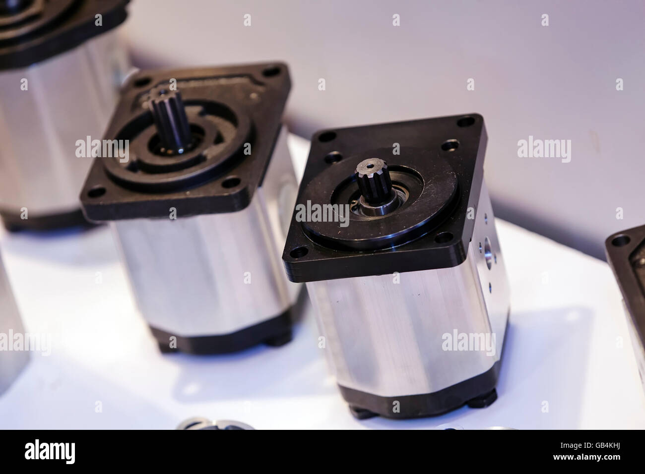 Closeup new design of parts for machine on exhibition show; note ...