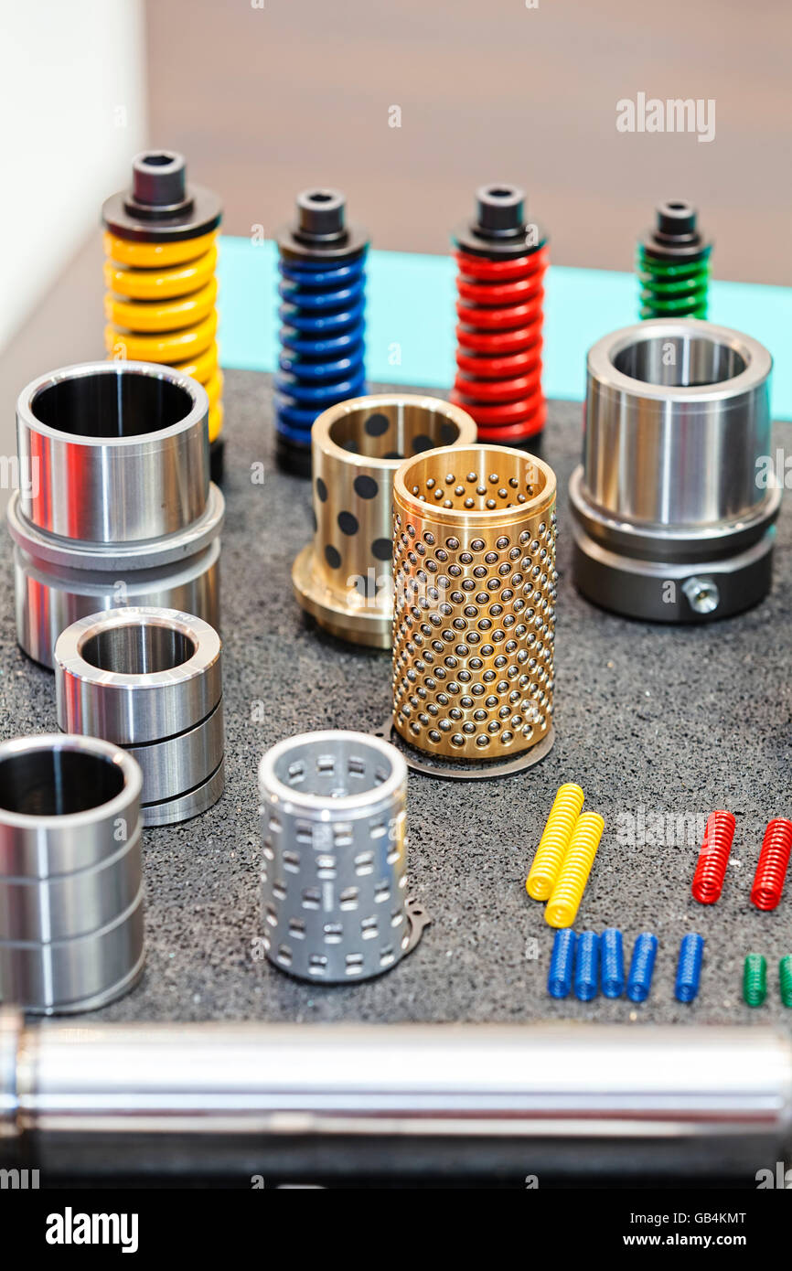 Closeup new design of parts for machine on exhibition show; note ...