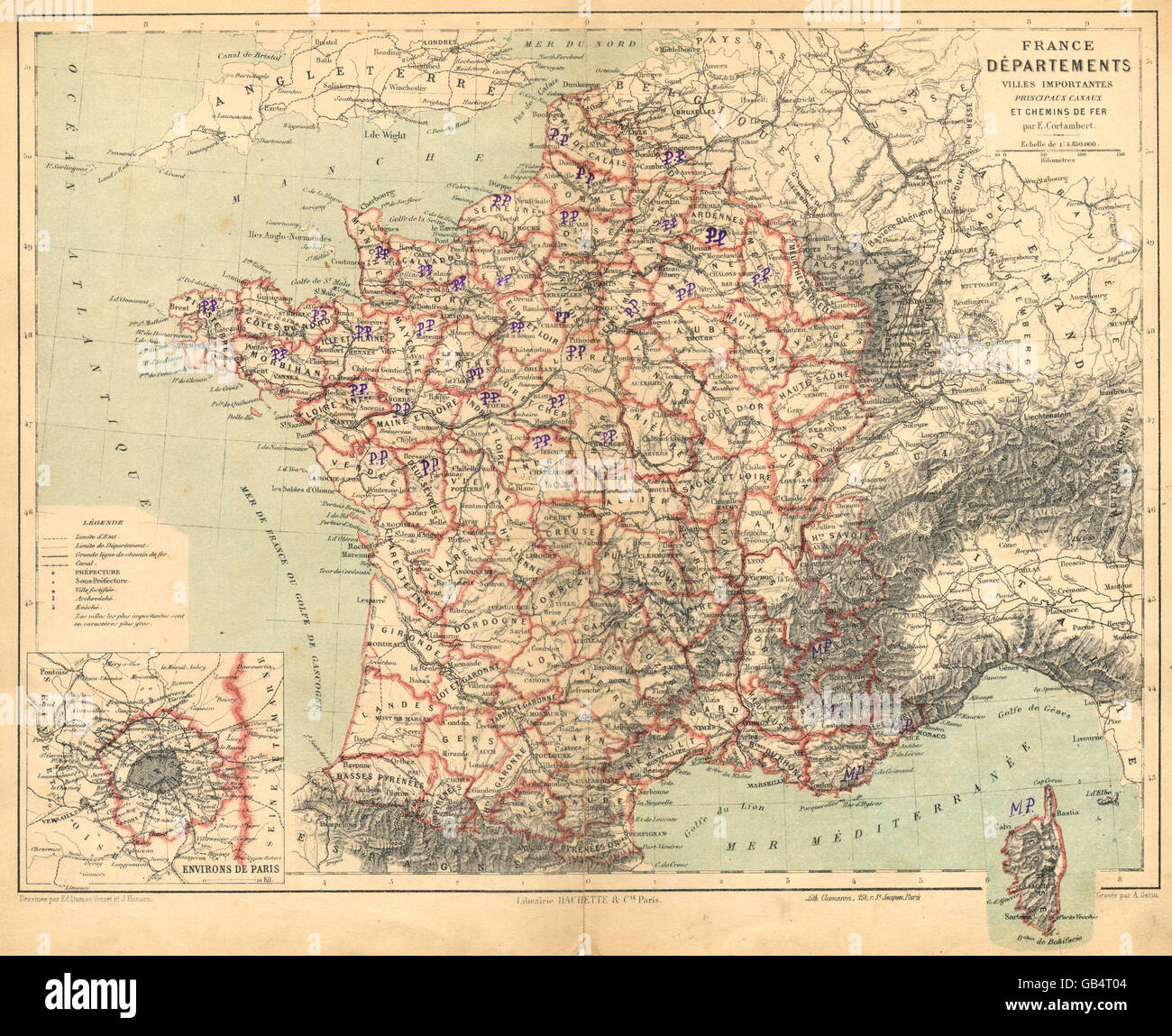 FRANCE:Départements villes principaux Cinaux Chemins de fer;area Paris ...